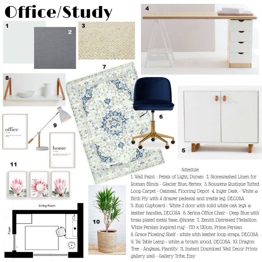 Monochromatic Blue Office/Study with pink accent Interior Design Mood ...