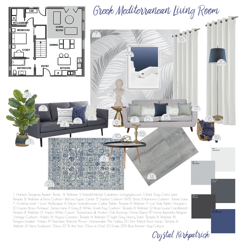 Greek Mediterranean living room Interior Design Mood Board by crystal ...